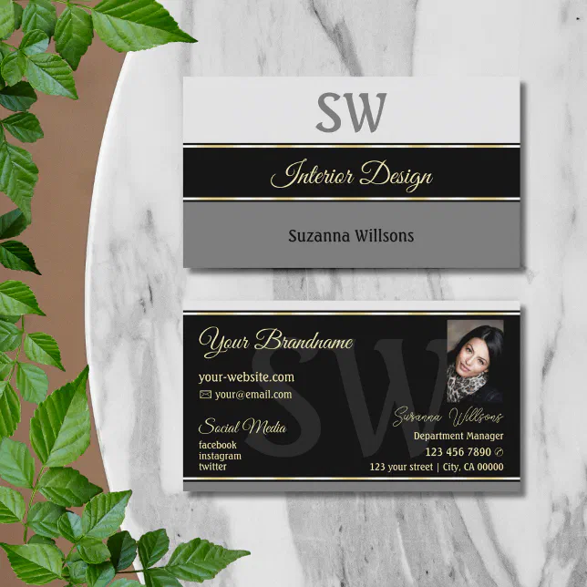 Chic Gray Borders on Black with Monogram and Photo Business Card | Zazzle