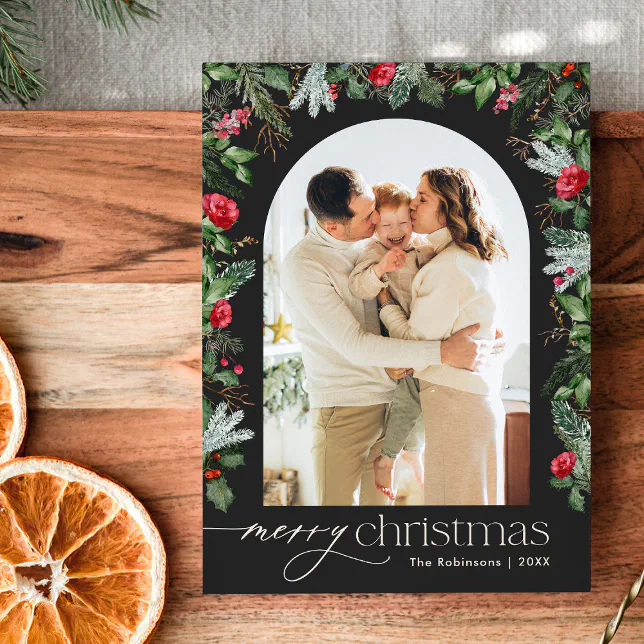Chic Gray Botanical Arch 1 Photo Merry Christmas Holiday Card | Zazzle