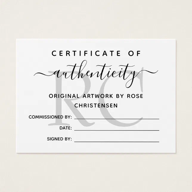 Chic Gray Monogram Certificate of Authenticity | Zazzle