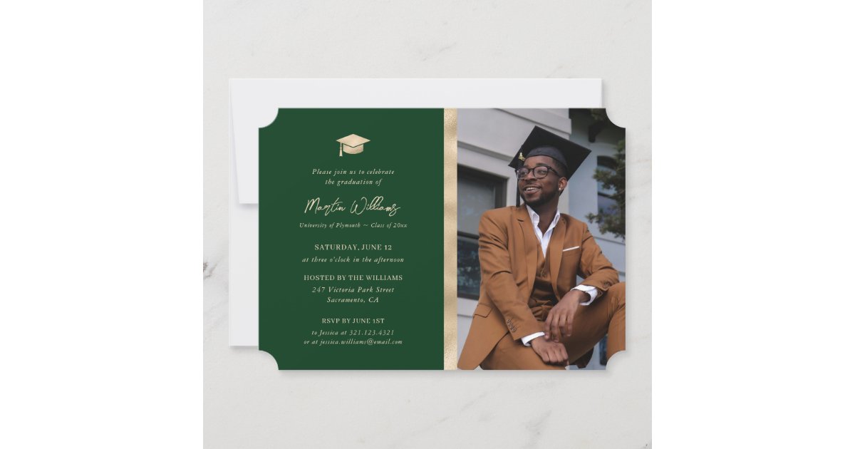 Chic Green and Gold Photo Graduation Party Invitation | Zazzle