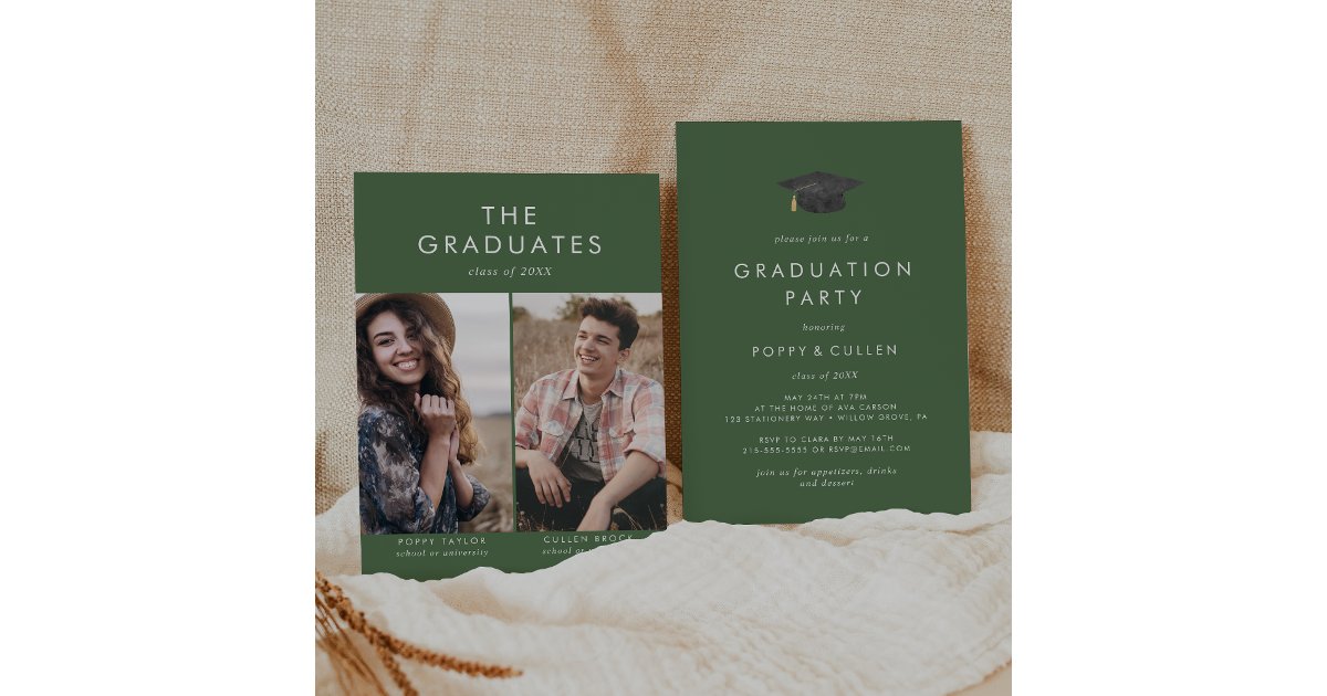 Chic Green Grad Cap Photo Double Graduation Party Invitation | Zazzle