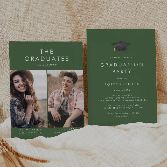 Chic Green Grad Cap Photo Double Graduation Party Invitation | Zazzle