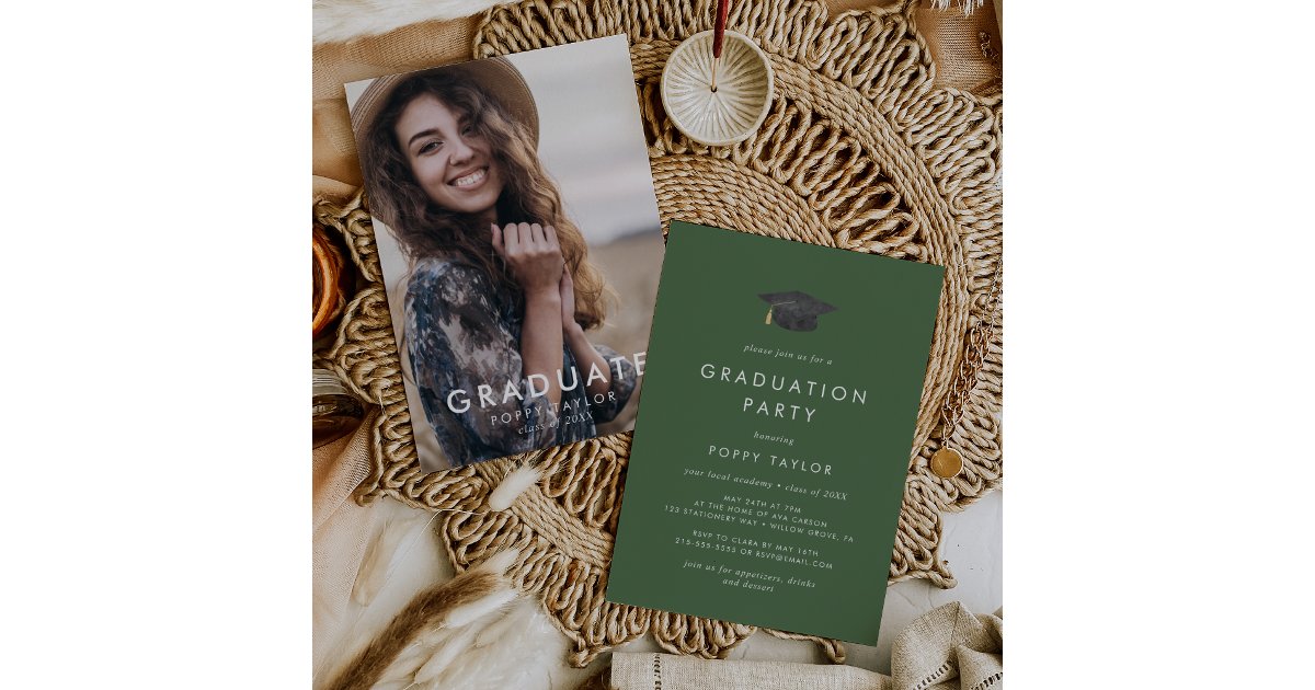 Chic Green Grad Cap Photo Graduation Party Invitation | Zazzle