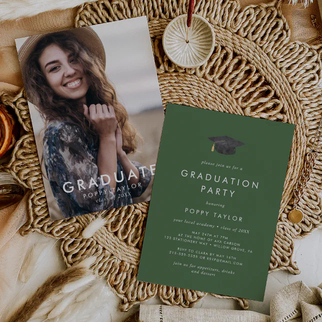 Chic Green Grad Cap Photo Graduation Party Invitation | Zazzle