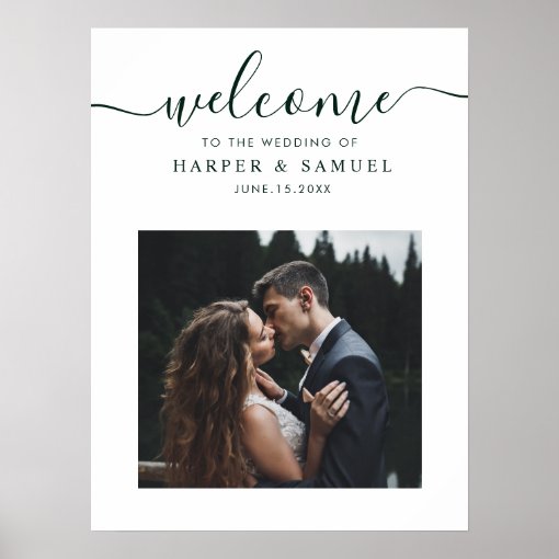 Chic Green Script Photo Wedding Welcome Sign | Zazzle