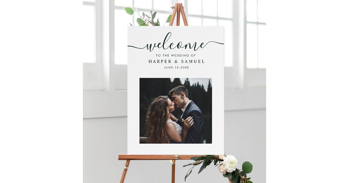 Chic Green Script Photo Wedding Welcome Sign | Zazzle