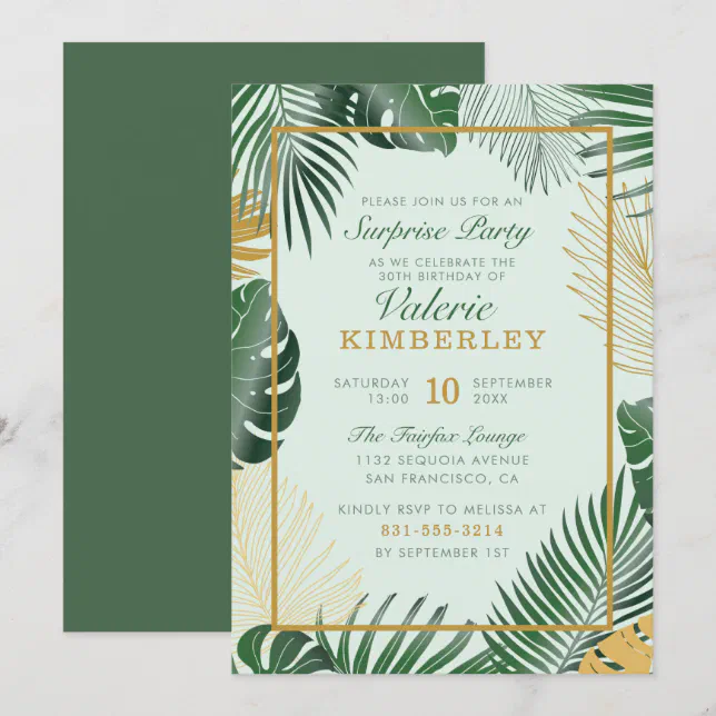 Chic Green Tropical Leaves Trendy Surprise Party Invitation | Zazzle