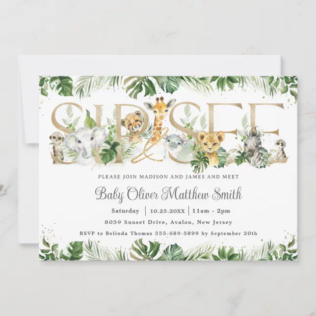 Chic Greenery Cute Jungle Animals Baby Sip and See Invitation | Zazzle