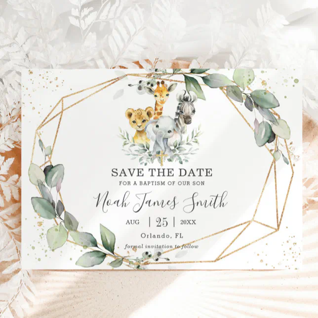 Chic Greenery Jungle Animals Baptism Christening Save The Date | Zazzle
