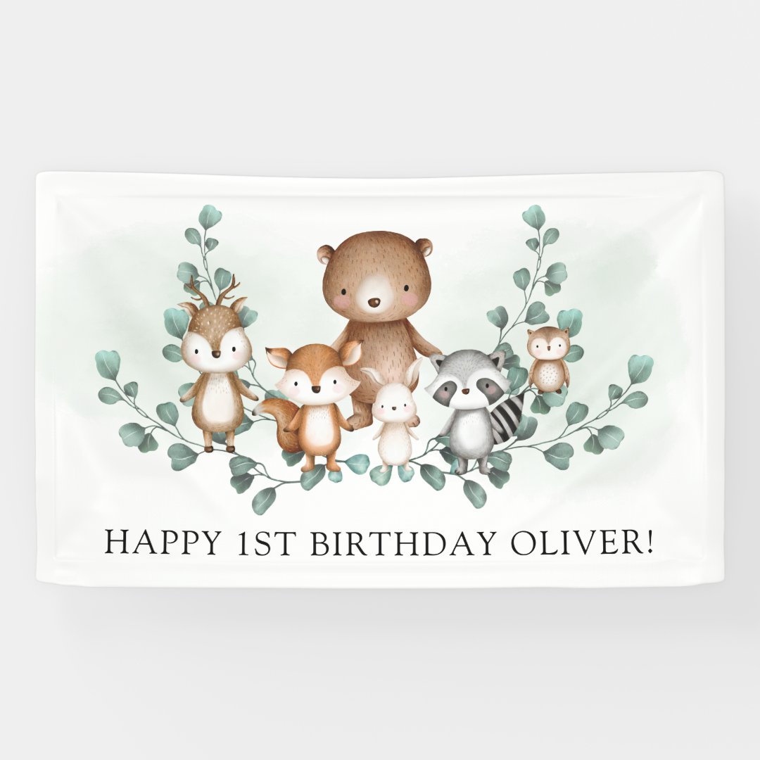 Chic Greenery Woodland Animal Happy Birthday Party Banner | Zazzle