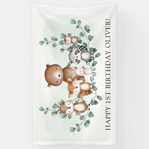 Chic Greenery Woodland Animal Happy Birthday Party Banner | Zazzle