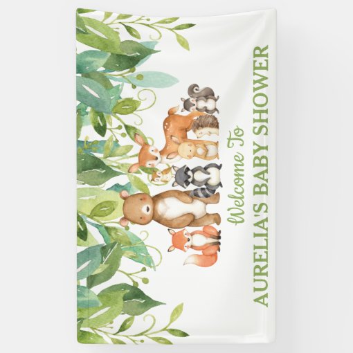 Chic Greenery Woodland Animals Welcome Backdrop Banner | Zazzle