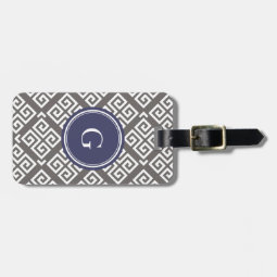 Chic grey greek key geometric patterns monogram luggage tag | Zazzle