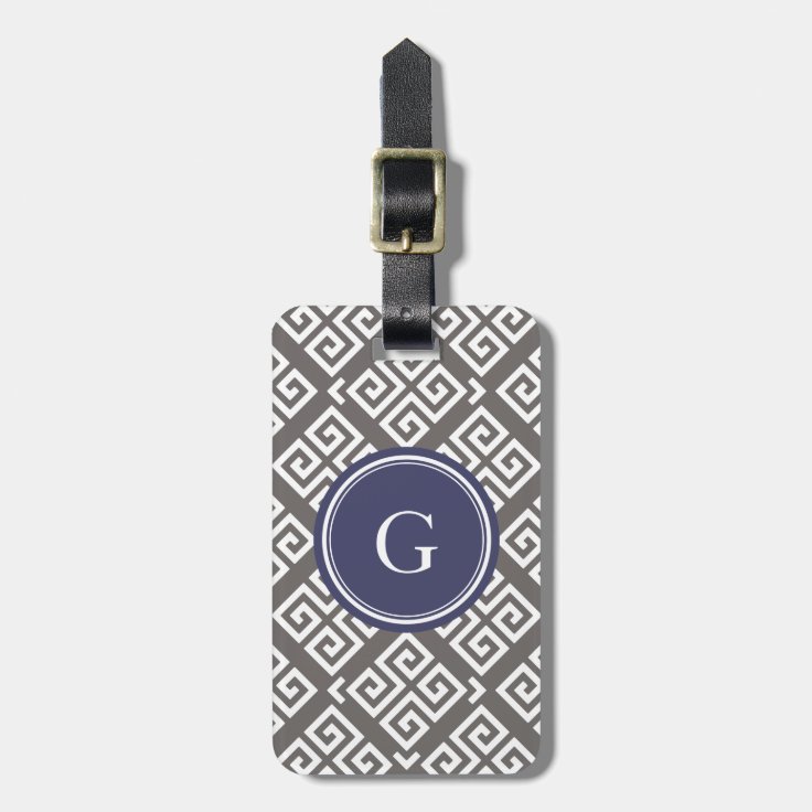 Chic grey greek key geometric patterns monogram luggage tag | Zazzle