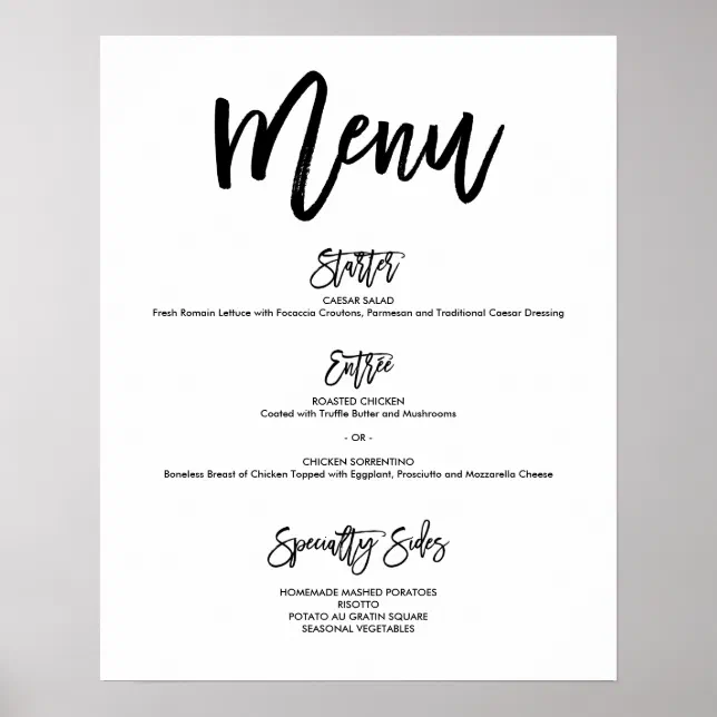 Chic Hand Lettered Wedding Menu Poster | Zazzle