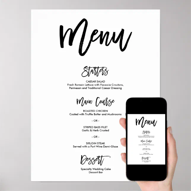 Chic Hand Lettered Wedding Menu Poster | Zazzle