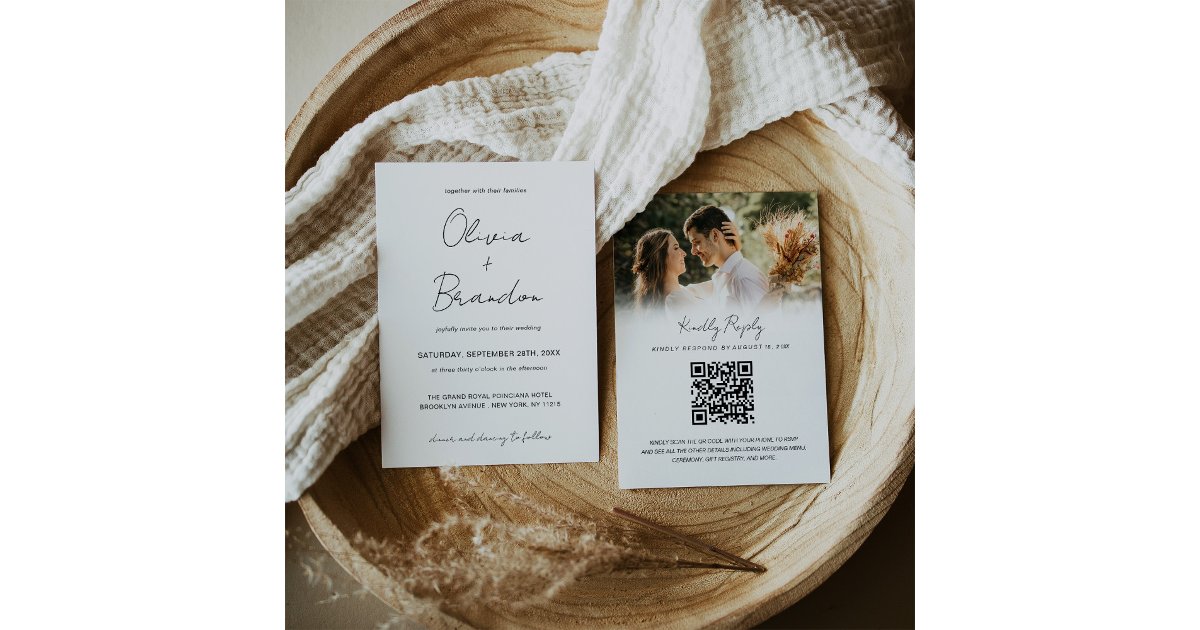 Chic Handwritten Script QR Code Photo Wedding Invitation | Zazzle