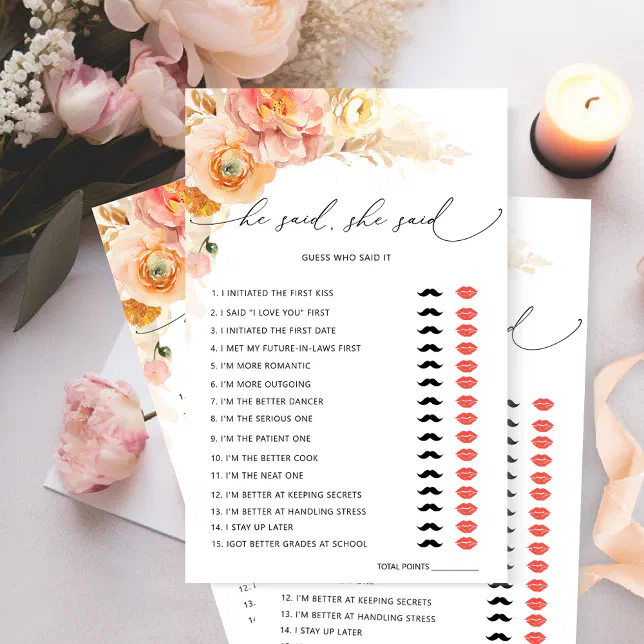 Chic He Said, She Said Floral Bridal Shower Game | Zazzle