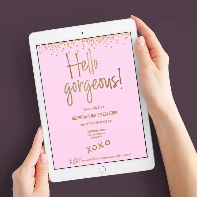 Chic Hello Gorgeous Galentine Gold Confetti Pink Invitation | Zazzle