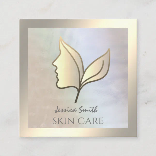 Chic holographic elegant girl face leaves square business card | Zazzle