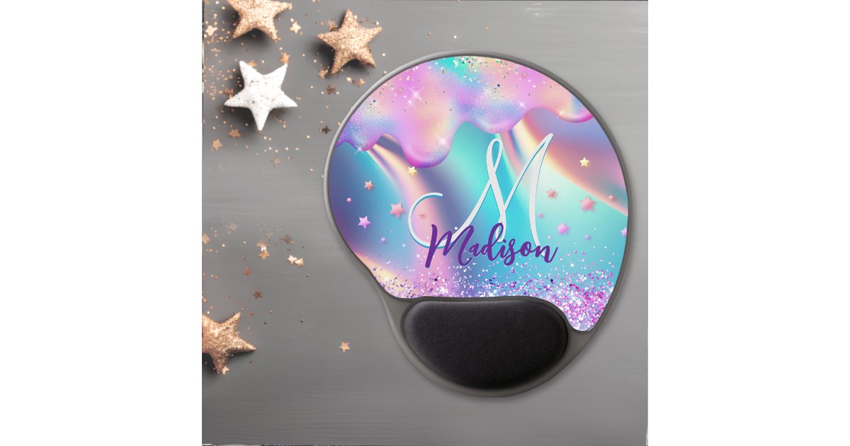 Chic holographic unicorn dripping glitter monogram gel mouse pad | Zazzle
