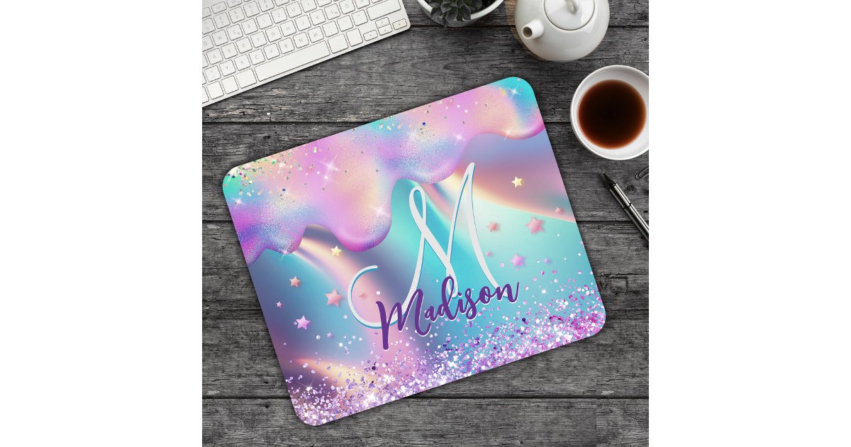 Chic holographic unicorn dripping glitter monogram mouse pad | Zazzle