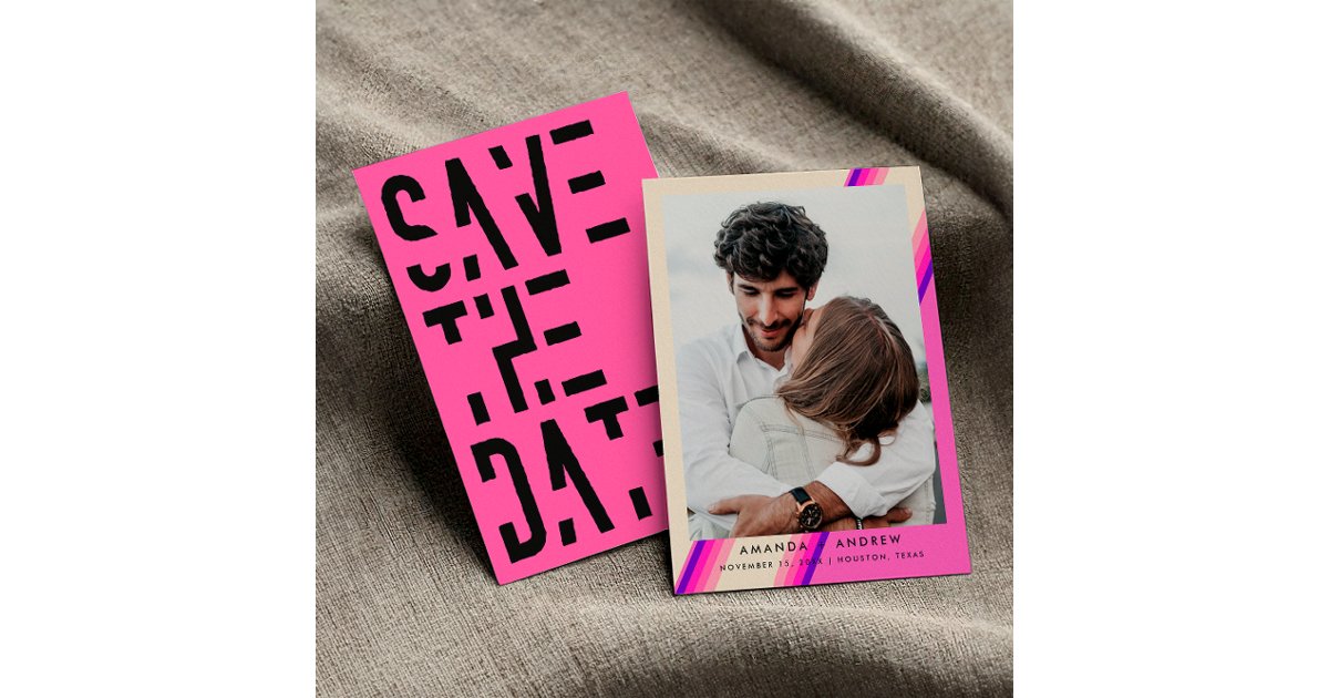 Chic Hot Pink 70s Retro Typography Stripes Wedding Save The Date | Zazzle