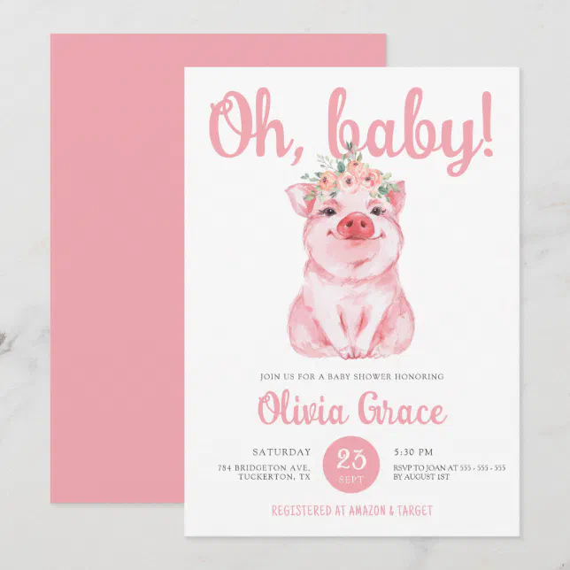 Chic Hot Pink Little Pig Baby Girl Baby Shower Invitation | Zazzle