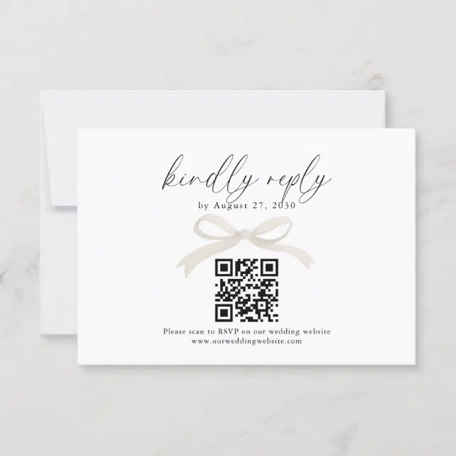 Chic Ivory Beige Bow Ribbon QR Code Wedding Rsvp | Zazzle