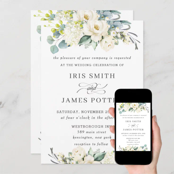 Chic Ivory White Floral Greenery Wedding Invitation | Zazzle