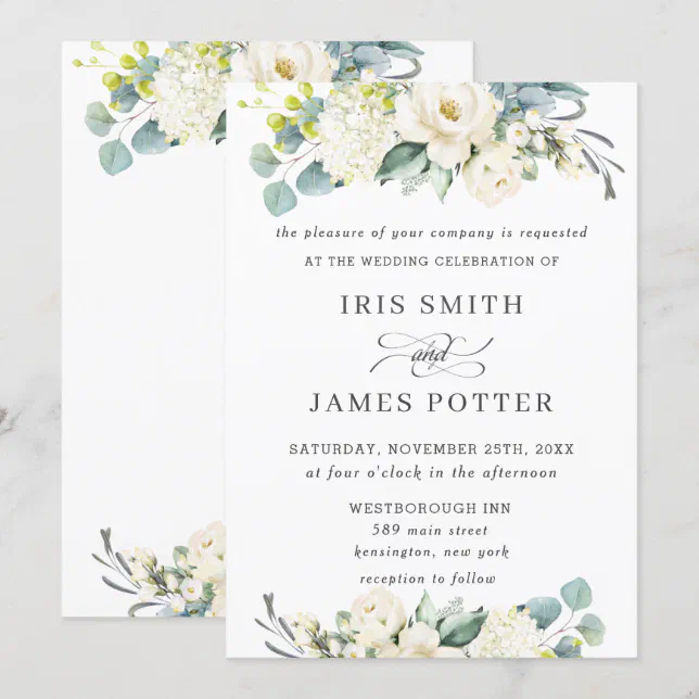 Chic Ivory White Floral Greenery Wedding Invitation | Zazzle