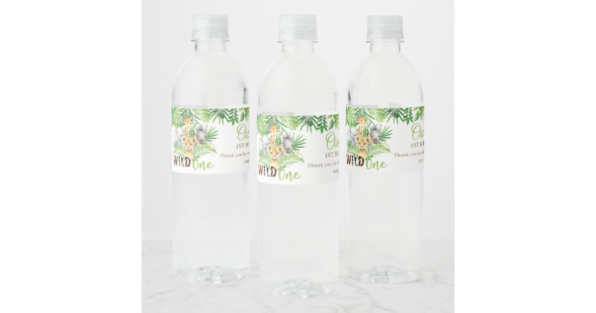 Chic Jungle Animals Greenery 1st Birthday Wild One Water Bottle Label ...