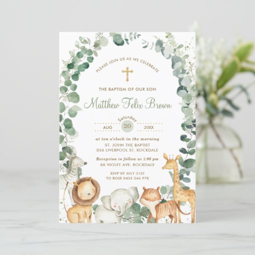Chic Jungle Animals Greenery Baptism Christening Invitation | Zazzle