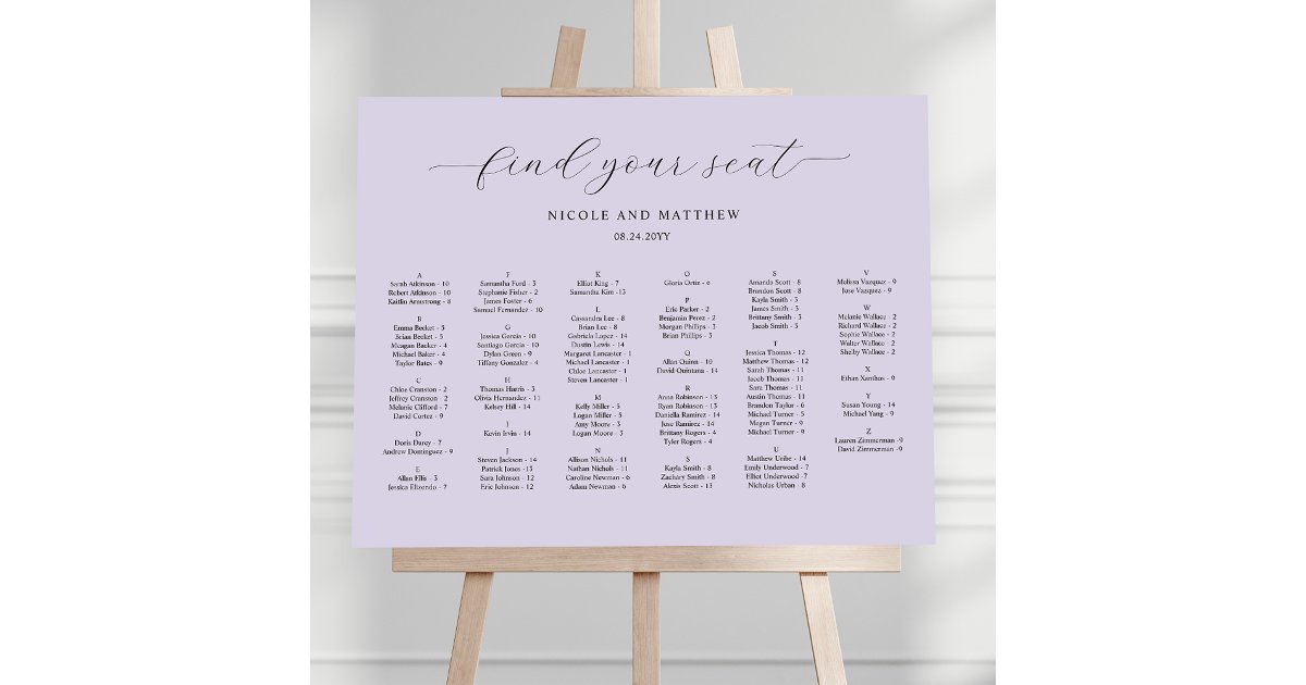 Chic Lavender Alphabetical Wedding Seating Chart | Zazzle