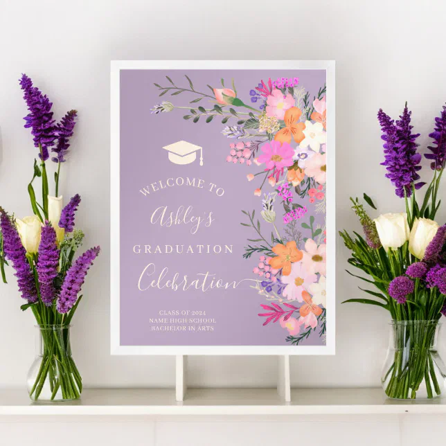 Chic lavender floral watercolor graduation welcome poster | Zazzle