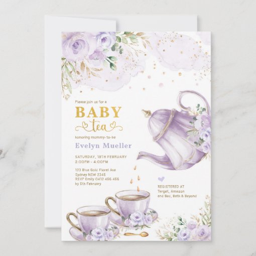 Chic Lavender Gold Floral Baby Shower Tea Party Invitation | Zazzle