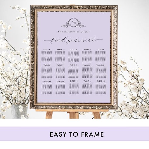 Chic Lavender Monogram Wedding Seating Chart Sign | Zazzle