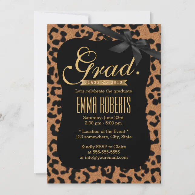 Chic Leopard Print Black Ribbon Graduation Invitation | Zazzle