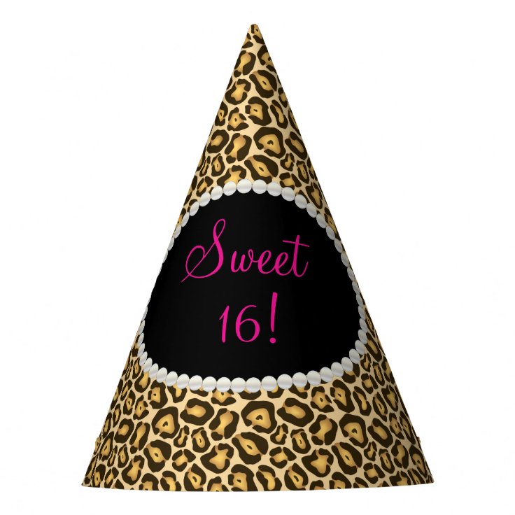 Chic Leopard Print Pearls Sweet 16 Party Hats | Zazzle