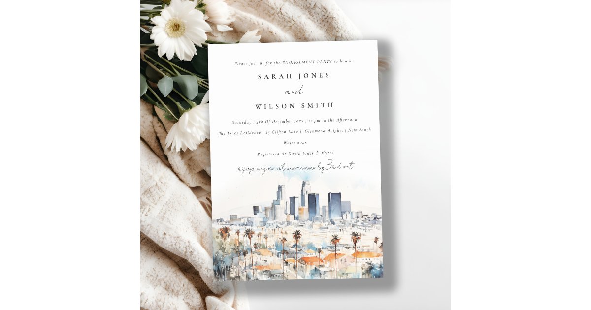 Chic Los Angeles, California Watercolor Engagement Invitation | Zazzle