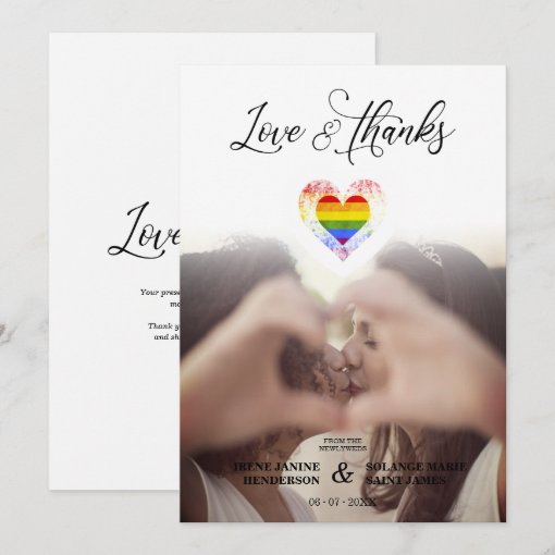 Chic Love & Thanks LGBT Rainbow Pride Heart Photo Thank You Card | Zazzle