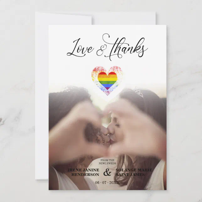 Chic Love & Thanks LGBT Rainbow Pride Heart Photo Thank You Card | Zazzle