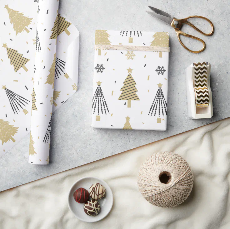 Chic Luxury Modern Gold Christmas Trees Wrapping Paper | Zazzle