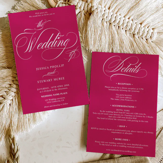 Chic magenta all in one calligraphy wedding invitation | Zazzle