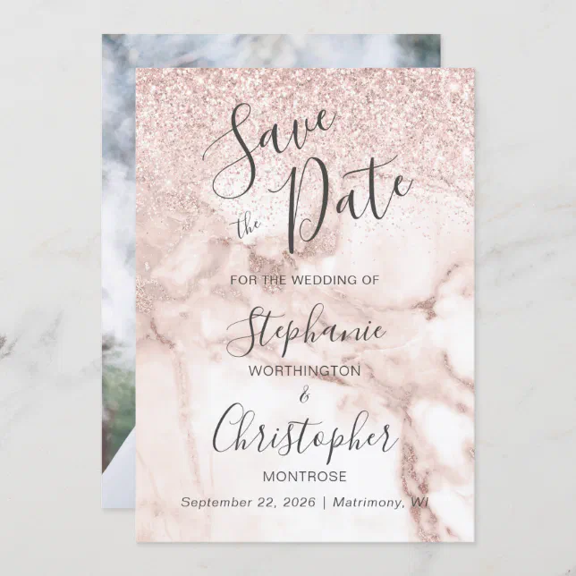 Chic Marble Rose Gold Glitter Photo Save the Date Invitation | Zazzle