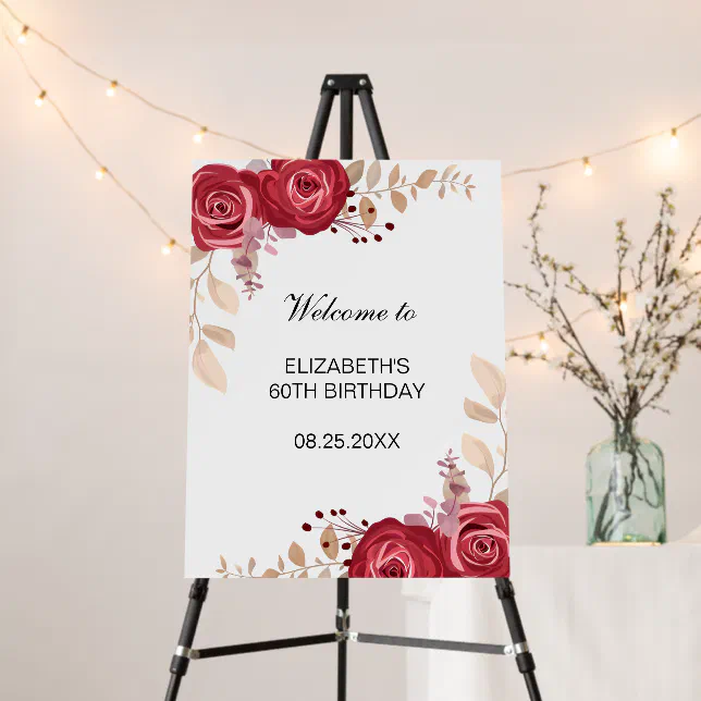 Chic Maroon Rose Floral Greenery Birthday Welcome Foam Board | Zazzle