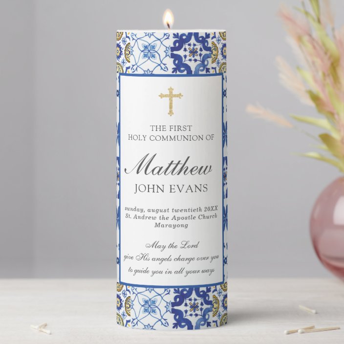Chic Mediterranean Blue Mosaic Tiles 1st Communion Pillar Candle ...
