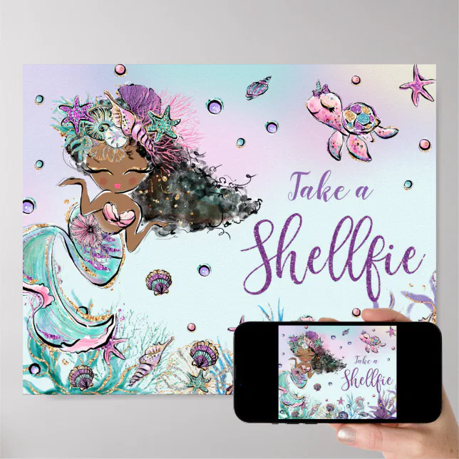 Chic Mermaid Birthday Baby Shower Take a Shellfie Poster | Zazzle