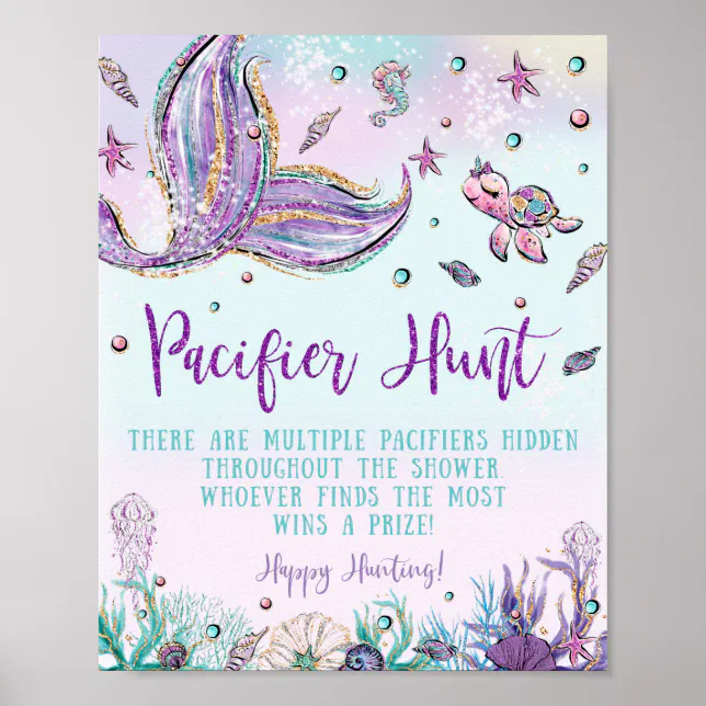 Chic Mermaid Pacifier Hunt Baby Shower Game Sign | Zazzle