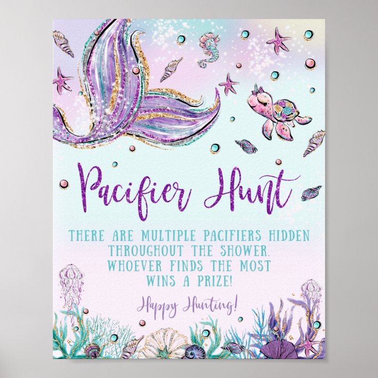 Chic Mermaid Pacifier Hunt Baby Shower Game Sign | Zazzle